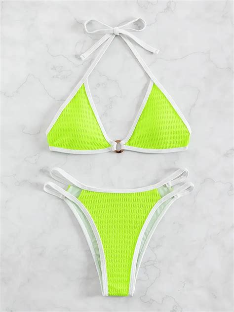 Conjuntos Bikini Triangulares Ribete En Contraste Traje Baño Temu Mexico