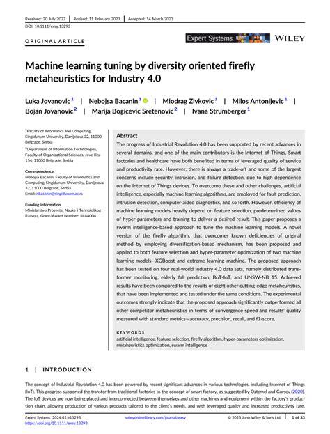 Machine Learning Tuning By Diversity Oriented Firefly Metaheuristics For Industry 40 Request Pdf