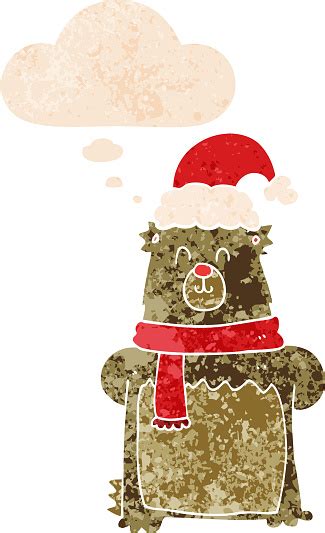 그런 지 고민 복고풍 질감 스타일에 생각 거품과 크리스마스 모자를 쓰고 만화 곰 곰에 대한 스톡 벡터 아트 및 기타 이미지 곰 귀여운 그런지 이미지 기법 Istock