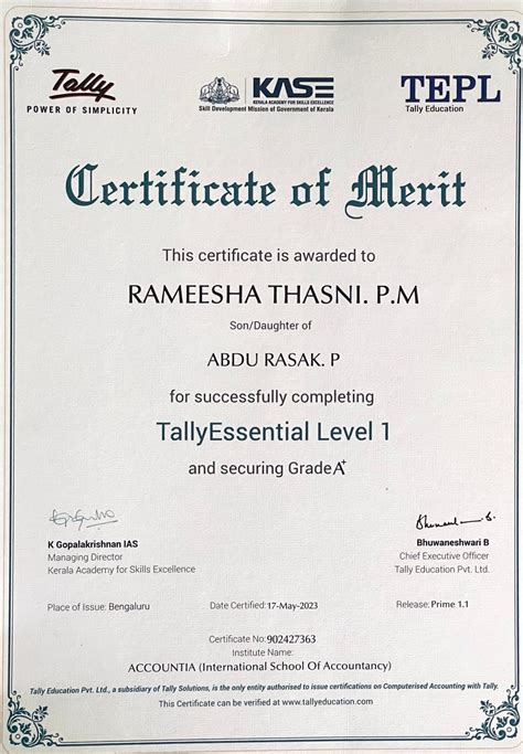 Rameesha Thasni On Linkedin Certificate Of Tally