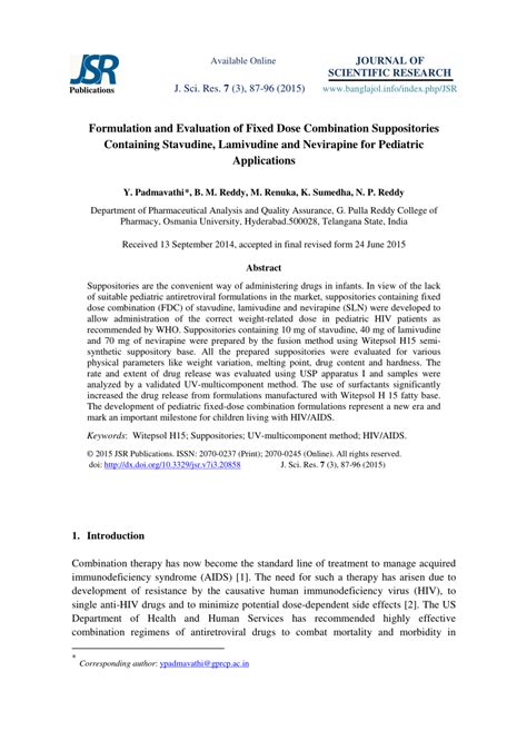 Pdf Formulation And Evaluation Of Fixed Dose Combination Suppositories Containing Stavudine