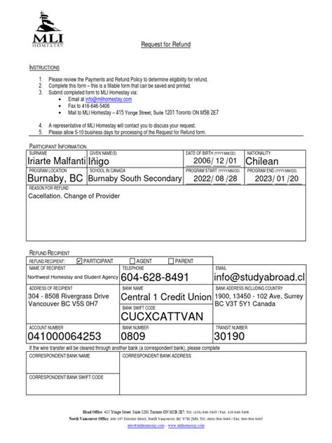 Mli Homestay Request For Refund Form Pdf Banking Service Industries