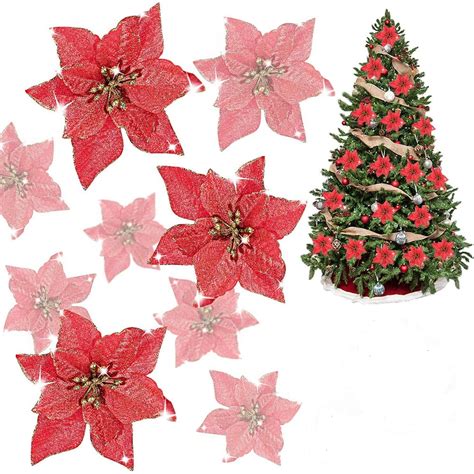 12pcs Glitter Poinsettia Christmas Tree Ornament Artificial Wedding