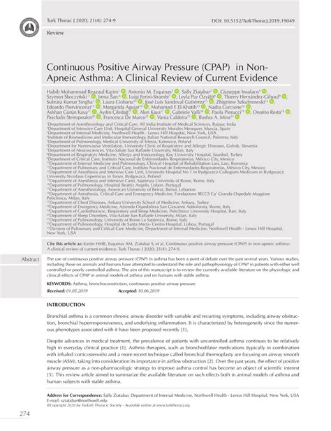 Pdf Continuous Positive Airway Pressure In Non Apneic Asthma A Clinical Review Of The Current
