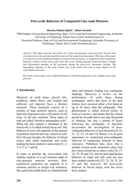 Pdf Post Cyclic Behavior Of Compacted Clay Sand Mixtures