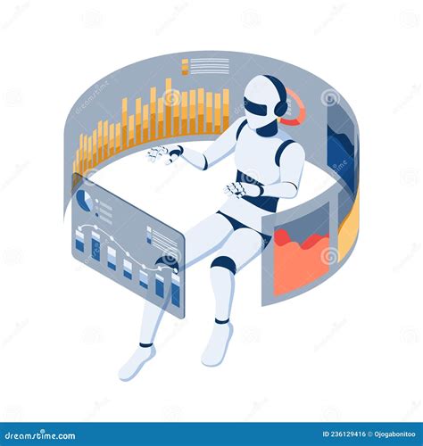 Isometric Ai Robot Floating And Analyse Virtual Business Graph Chart Stock Vector Illustration
