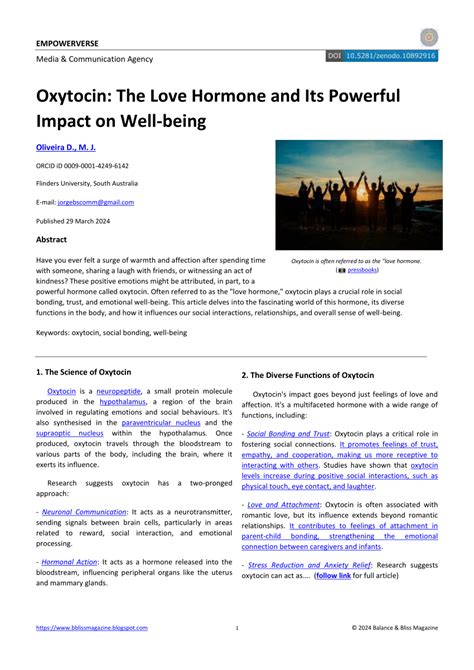Pdf Oxytocin The Love Hormone And Its Powerful Impact On Well Being