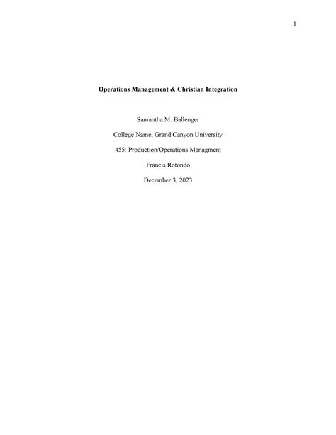 Mgt 455 Operations Mgt And Christian Intigration Operations Management And Christian Integration