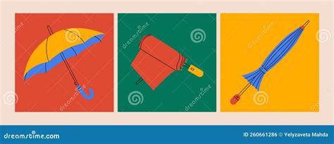 Abstract Umbrellas Set Of Hand Drawn Cartoon Umbrellas Open Folded
