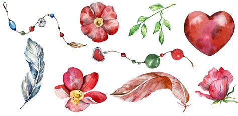 세트 요소 하트 깃털 구슬 펜던트 로즈힙 꽃 나뭇잎이 달린 가지 빨간 수채화 하트 수채화 그림입니다 카드 초대장 로고를 위한 디자인 요소 가을에 대한 스톡 벡터 아트 및
