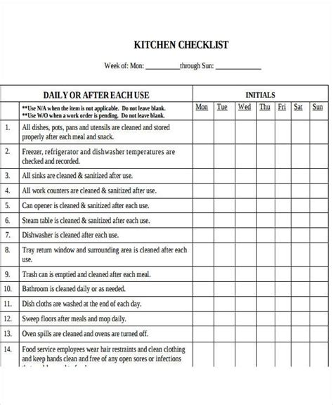 Restaurant Kitchen Cleaning Checklist Template Word Letter Words
