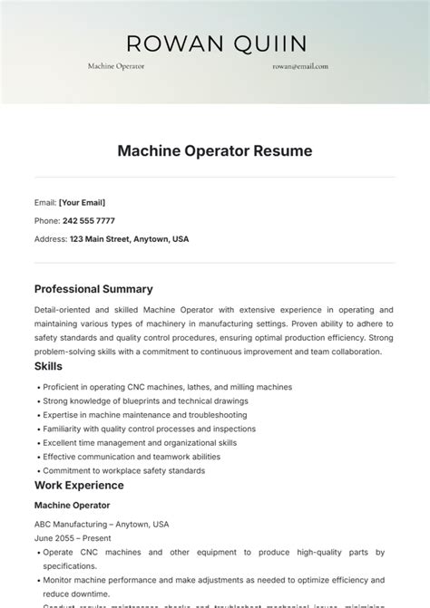Resume For Machine Operator