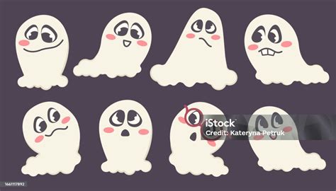 재밌는 귀여운 유령 세트 다양한 감정과 표정을 가진 할로윈 캐릭터 고립된 만화 괴물 컬렉션 할로윈 파티 휴일 카드에 대한 벡터 만화 플랫 일러스트레이션 0명에 대한 스톡