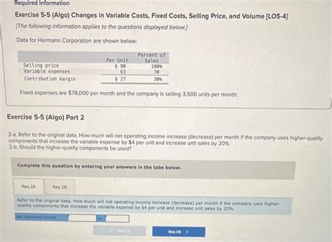 Solved Exercise Algo Changes In Variable Costs Fixed Chegg