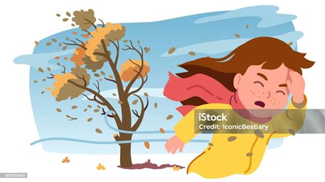 가을 강한 바람 폭풍 노란 단풍잎으로 나무를 구부리는 바람에 맞서 싸우는 소녀 아이 아이는 폭풍우 날씨에 야외에서 잡혔다 가을