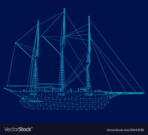 Wireframe A Sailing Ship Blue Lines On A Vector Image