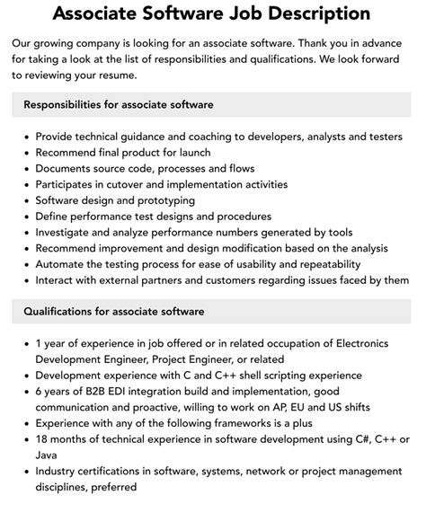 Associate Software Job Description Velvet Jobs