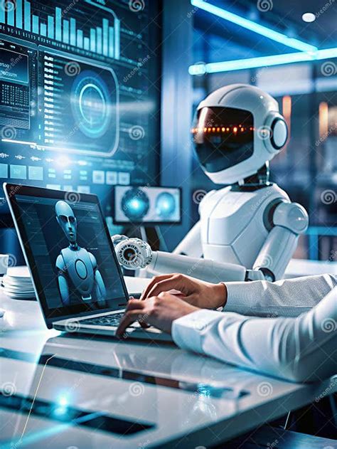 person working with ai robot programming on laptop stock image image