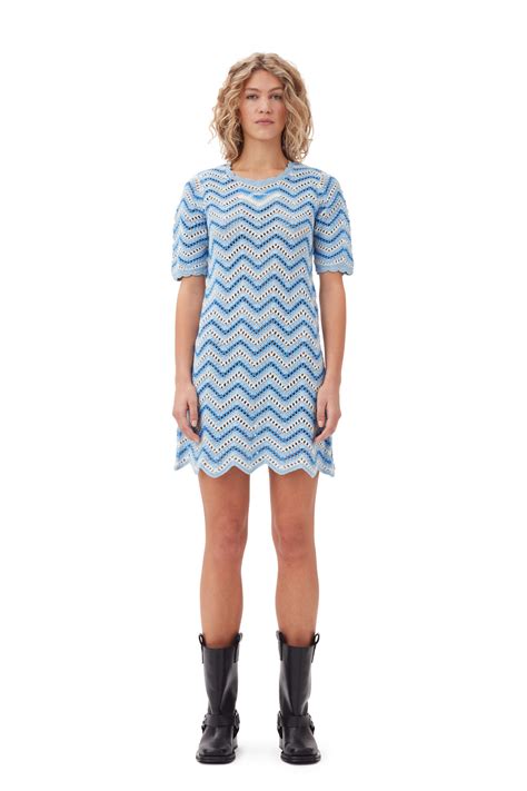 Heather Blue Cotton Crochet Mini Dress Ganni Es