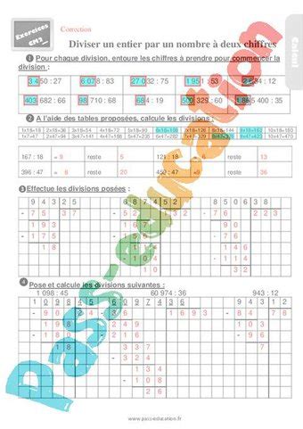 Diviser un entier par un nombre à deux chiffres au Cm2 Exercices