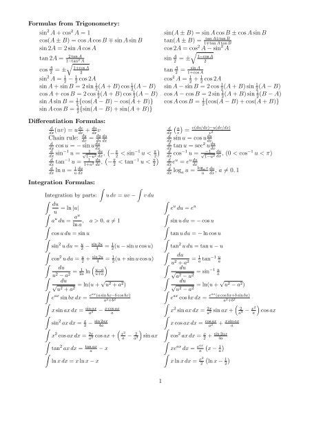 Formulas From Trigonometry Sin2 A Cos 2 A 1 Sina Â± B
