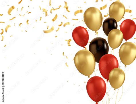 Red Black And Gold Balloons And Golden Confetti Vector Glossy