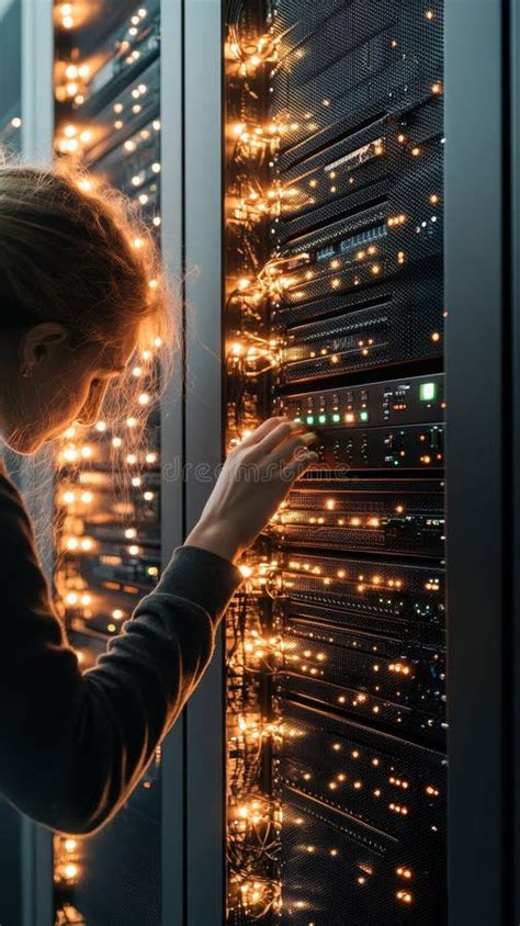 Data Center Server Racks Filled Lights Engineer Interacts Servers