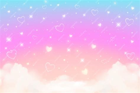 구름 하트와 별이 있는 레인보우 유니콘 배경 파스텔 색상 하늘 마법의 분홍색 풍경 프리미엄 벡터