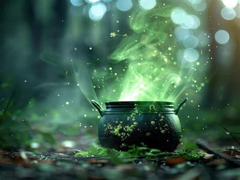 Mystical Cauldron With Green Mist In Forest Ai Generative Premium Ai
