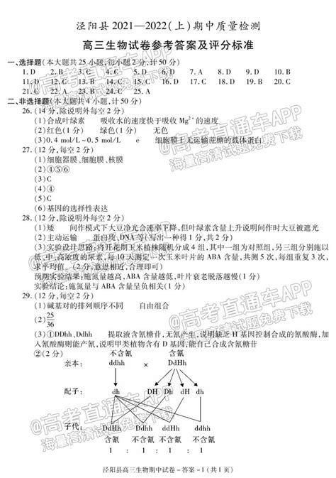 2022陕西泾阳县高三上期中考生物试题及参考答案 高考直通车