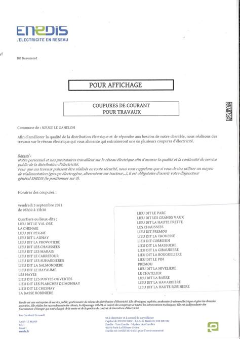 Information ENEDIS Coupures de courant pour travaux Sougé le ganelon