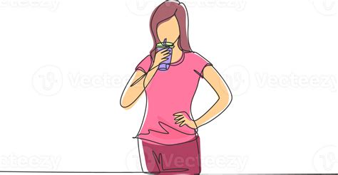 soltero uno línea dibujo retrato de linda casual joven niña Bebiendo