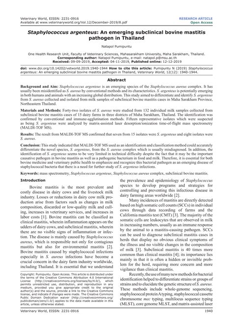 Pdf Staphylococcus Argenteus An Emerging Subclinical Bovine Mastitis Pathogen In Thailand