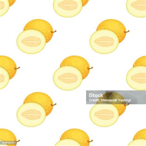 흰색 배경에 신선한 전체와 반 멜론 과일이있는 원활한 패턴 허니듀 멜론 건강한 라이프 스타일을위한 여름 과일 유기농 과일 모든 디자인에 대한 벡터 그림입니다 건강한 식생활에