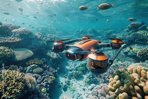 Realistic Illustration Of Ai Powered Drones Mapping Ocean Ecosystems Aiding In Marine