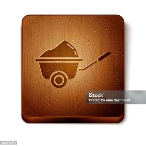 흰색 배경에 격리 된 먼지 아이콘갈색 수레 공구 장비 농업 카트 휠 농장입니다 나무 사각형 버튼입니다 벡터 일러스트레이션 계절에 대한 스톡 벡터 아트 및 기타 이미지