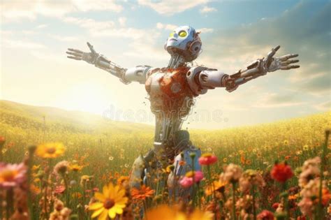 A Robot Woman Standing In A Field Of Wildflowers With Her Arms Outstretched To The Sky