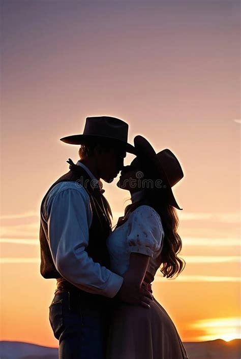 Vintage Old West Scene Of A Cowboy And Cowgirl Kissing At Sunset Retro