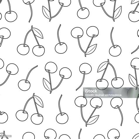 흰색 배경에 선 그려진 체리 패턴 디자인 낙서 체리와 여름 배경 체리에 대한 스톡 벡터 아트 및 기타 이미지 체리 패턴 흑백 Istock