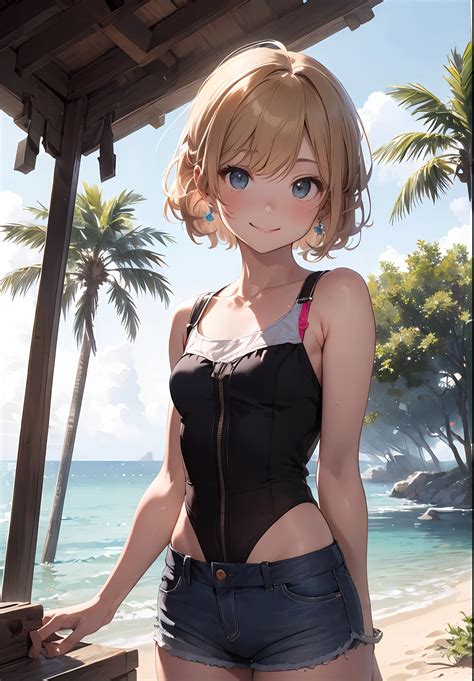 검은 탑과 반바지를 입은 애니메이션 소녀가 해변에 서 있다 SeaArt AI