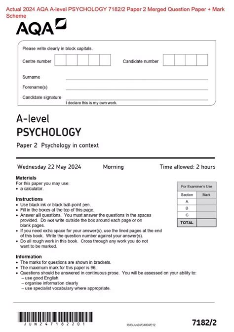 Actual 2024 Aqa A Level Psycology 7182 2paper 2 Merged Questions Paper Marking Scheme Aqa