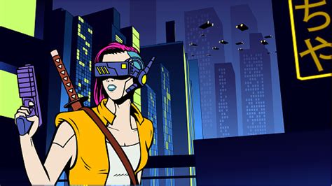 벡터 Cyberpunk 사무라이 소녀 에서 A 미래 도시 보유 A 총 초상 스톡 일러스트 가상현실에 대한 스톡 벡터 아트 및