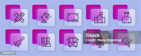 교육 세트 아이콘입니다 통치자 펜 테이블 램프 교육 기관 종 화학 시험관 9 월 1 일 지식의 날 학습 개념 유리 형태 스타일 비즈니스용 벡터 줄 아이콘 검사 보기에 대한