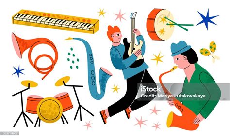 악기와 사람 기타와 색소폰을 연주하는 남자 트럼펫 드럼 신디사이저 추상 음악 재즈 페스티벌 배너입니다 콘서트 전단지 만화 평면 고립 된 벡터 일러스트 레이 션 재즈에 대한