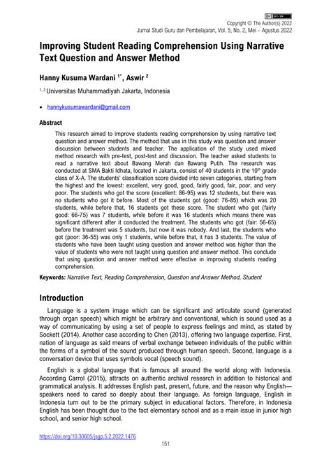 PDF Improving Student Reading Comprehension Using Narrative Text Question And Answer Method