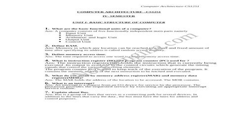 Pdf Unit I Basic Structure Of Computer Notesengine€¦ · Computer Architecture Cs1251 Computer