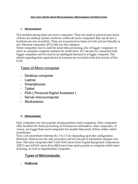 a comparison of microcomputers minicomputers and mainframe computers