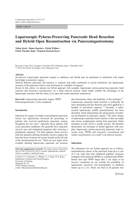 Pdf Laparoscopic Pylorus Preserving Pancreatic Head Resection And Hybrid Open Reconstruction