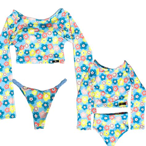 Kit BiquÍni Cropped Manga Longa Kit MÃe E Filha Cropped Flores Azul