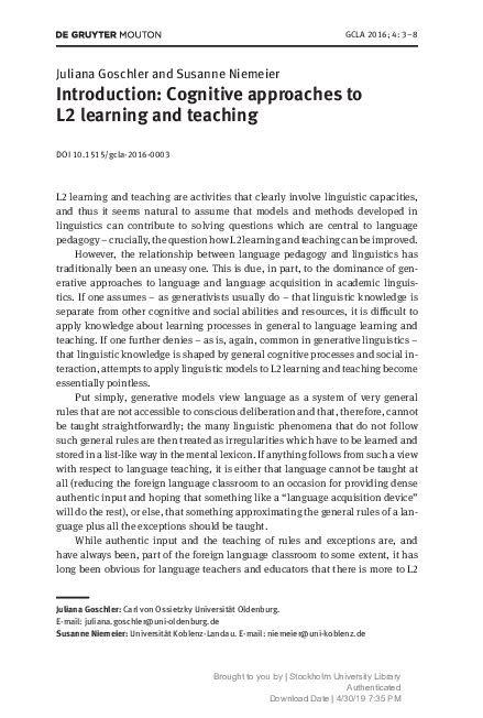 Pdf Introduction Cognitive Approaches To L2 Learning And Teaching